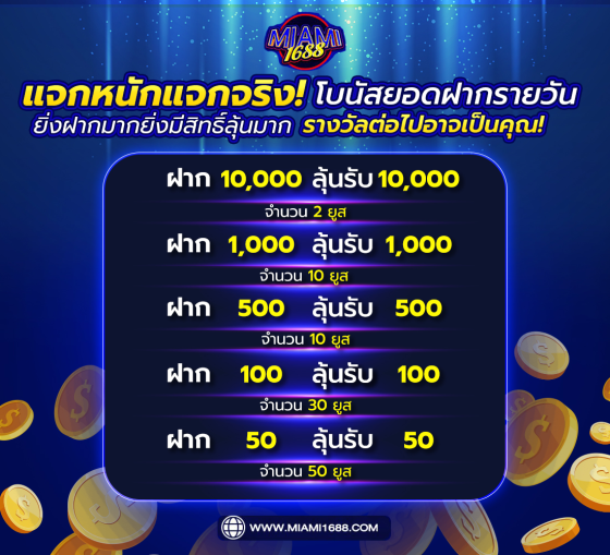 โปรโมชั่น | MIAMI1688 เว็บคาสิโนออนไลน์ เว็บแทงบอลดีที่สุดในตอนนี้ ได้รับความนิยมสูงสุดเป็น ...